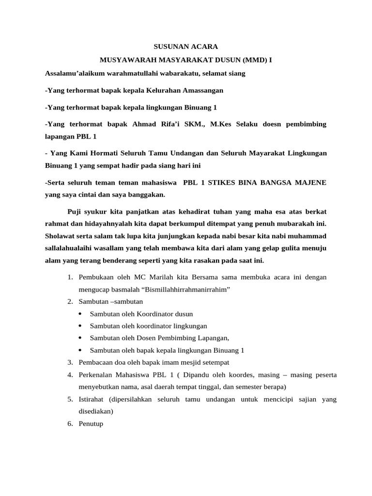 Susunan Acara Mmd 1 Pbl 1 | PDF