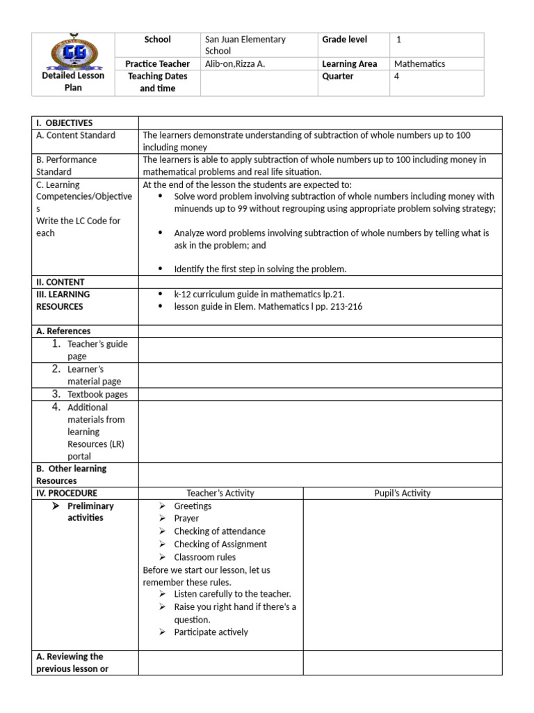 Grade 1 Math: Subtraction Lesson Plan | PDF | Teachers | Learning