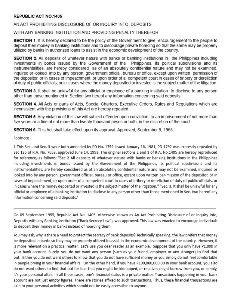 Republic Act No. 1405 | PDF | Banks | Tax Evasion