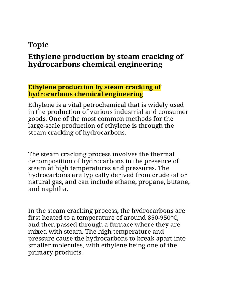 Ethylene Production by Steam Cracking of Hydrocarbons | PDF | Cracking ...