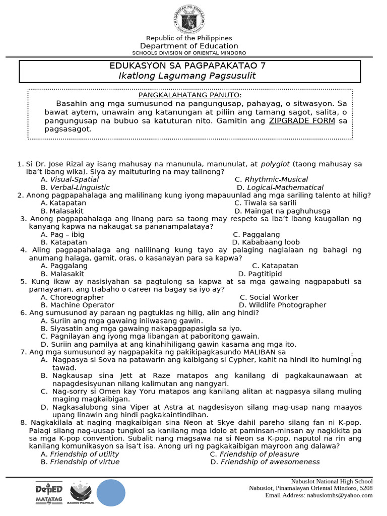 3rd Periodical Test - AY2425Q3-Esp7 | PDF