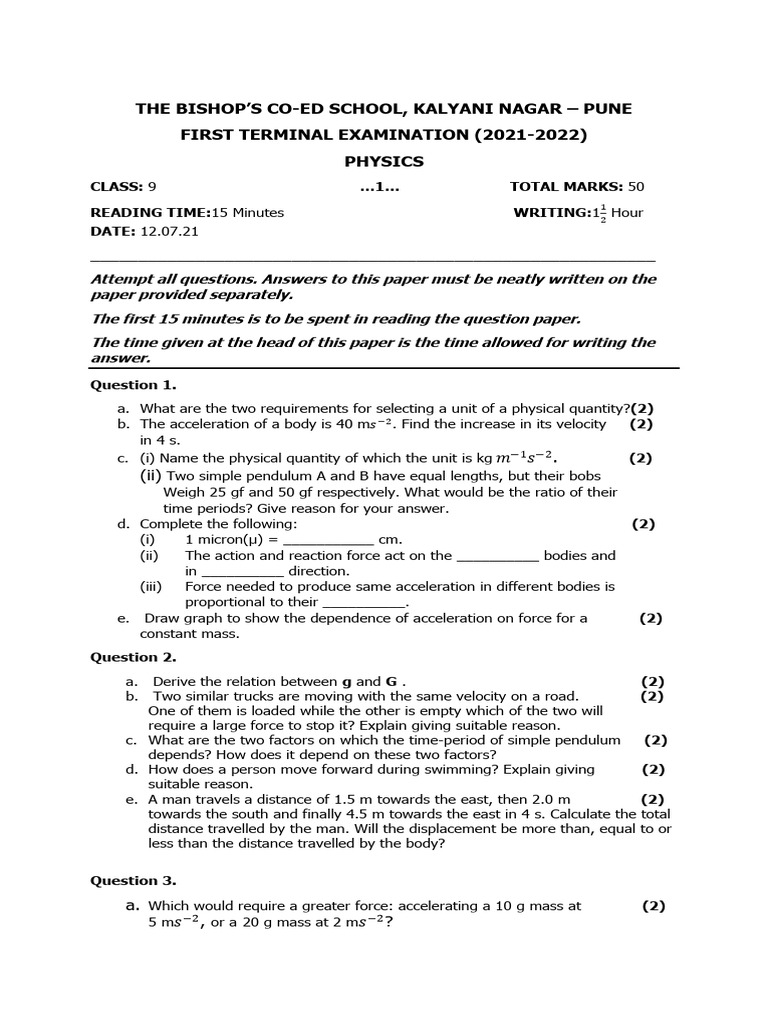 Term - 1 Class-9 Physics Question Paper (2021-2022) - 1 | PDF | Force ...