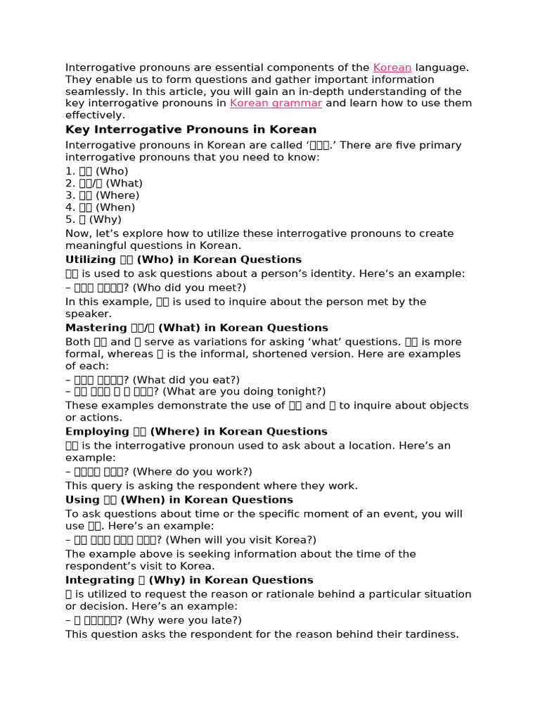 Korean Interrogative Pronouns | PDF | Question | Pronoun