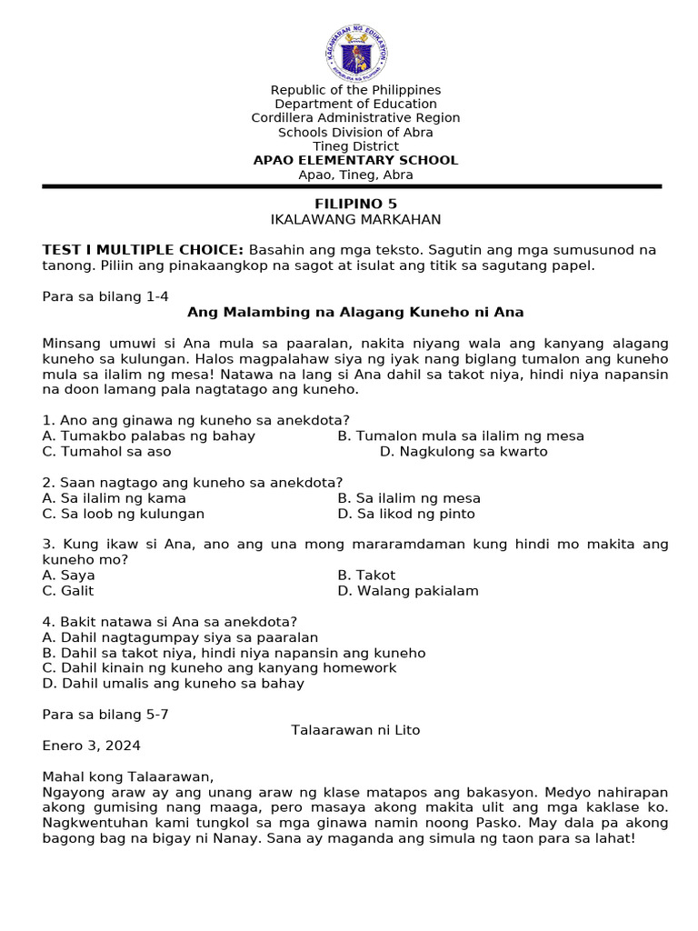 FIL 5 Questions and Answer Key | PDF
