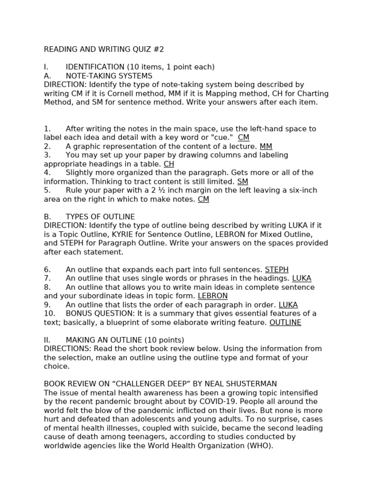 Reading & Writing Quiz: Note-Taking & Outlines | PDF | Mental Health ...