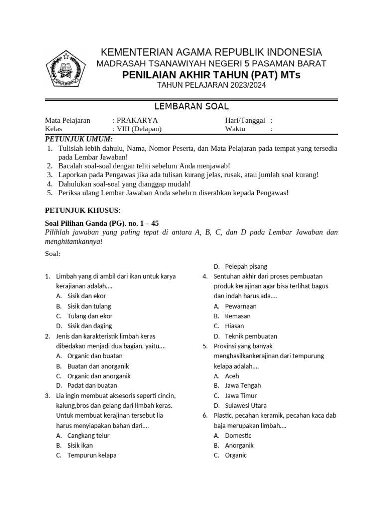 soal prakarya kelas 8 ica sm2 2024 | PDF
