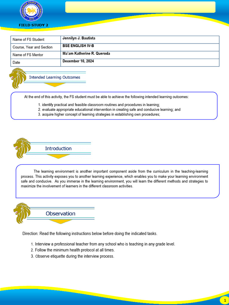 BAUTISTA, Jennilyn J. FS2-WS2 | PDF | Classroom | Learning