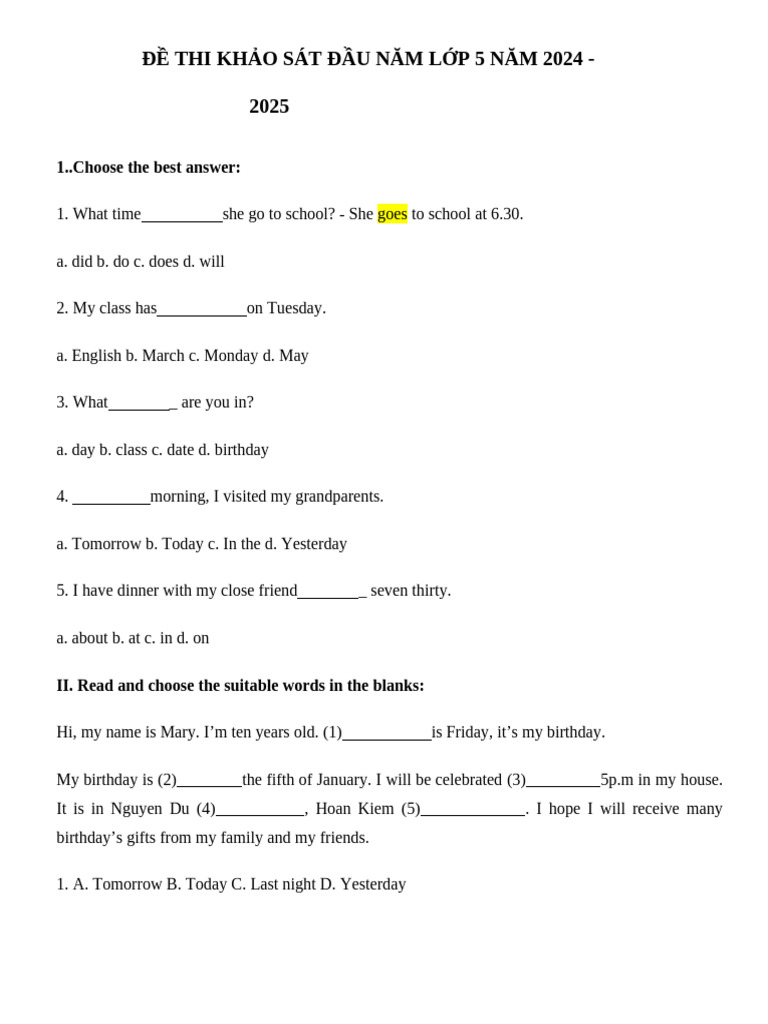 De Khao Sat Chat Luong Dau Nam Mon Tieng Anh Lop 5 | PDF