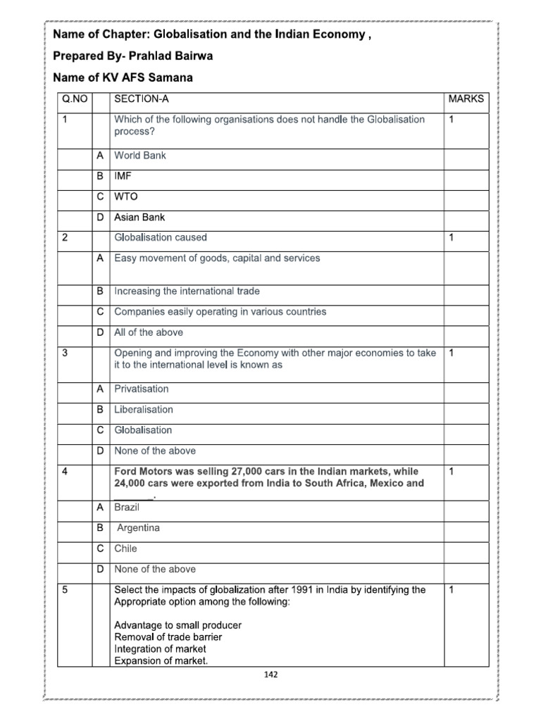 KV MCQ Economics CH4 Globalization | PDF