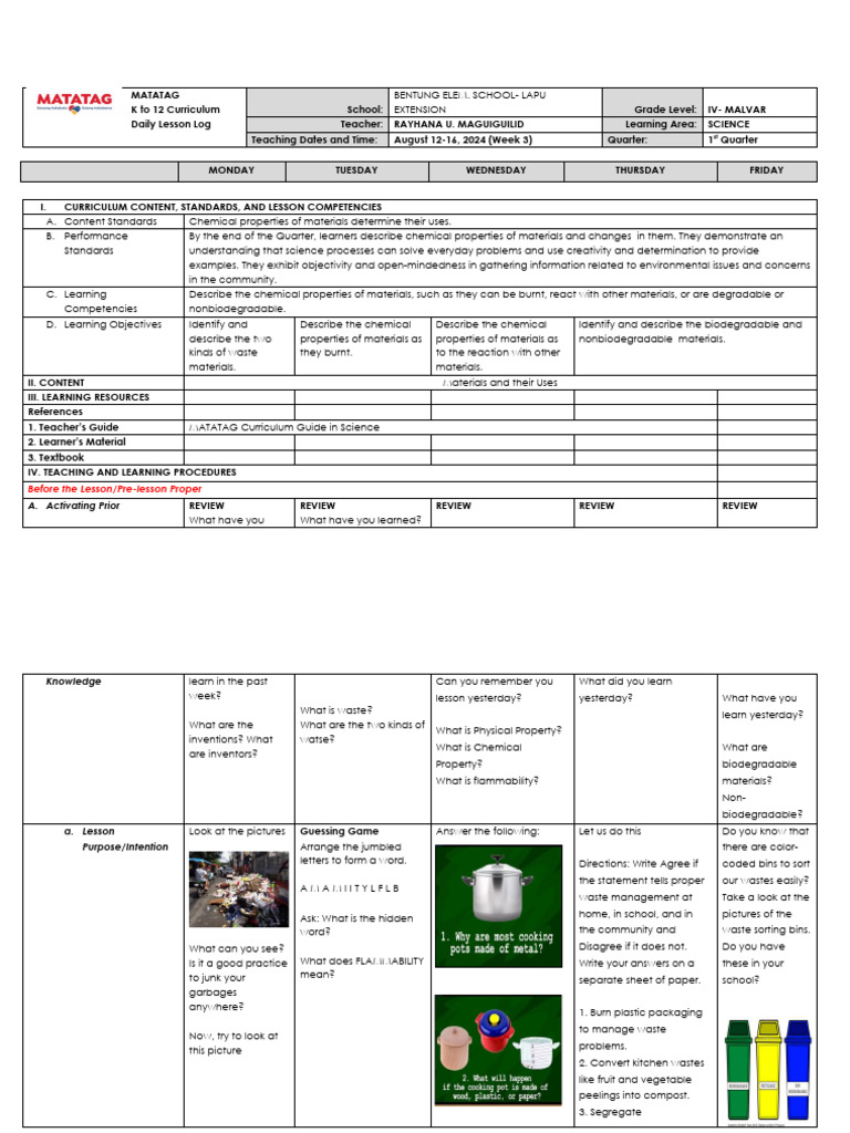 Grade 4 Science Lesson Plan: Chemical Properties | PDF | Biodegradation | Waste