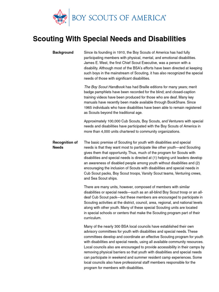Special Needs Information Sheet | PDF | Boy Scouts Of America | Youth ...