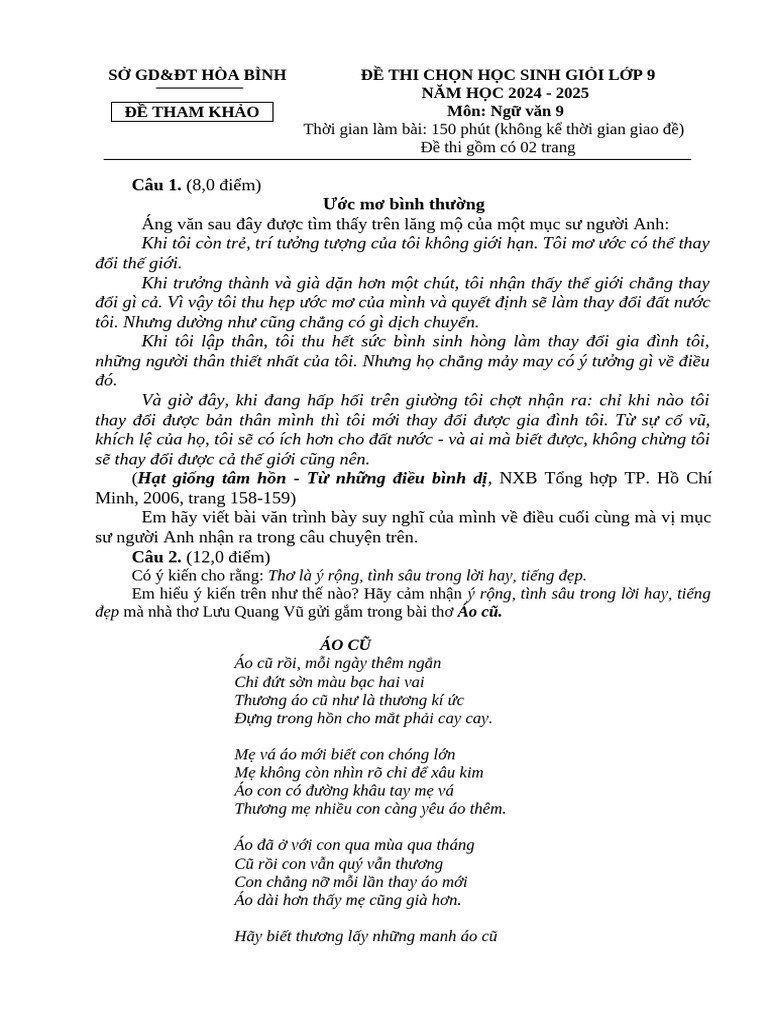 Đề tham khảo HSG lớp 9 và vào chuyên HVT | PDF