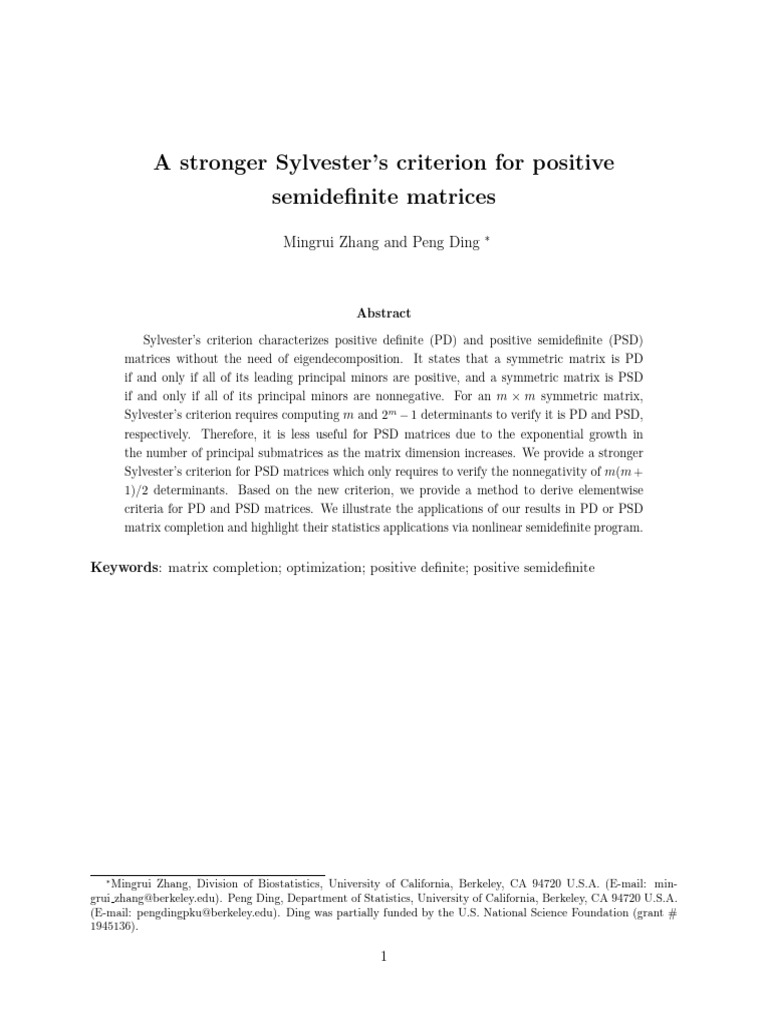 A Stronger Sylvesters Criterion For Positive Semidefinite Matrices Pdf Matrix Mathematics