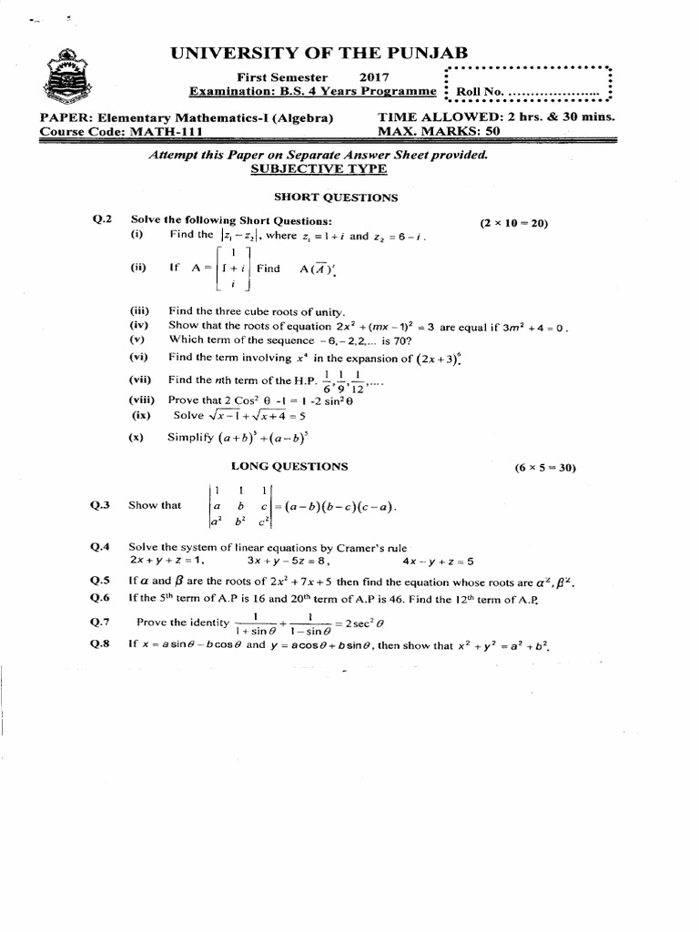 Punjab University B.S. Mathematics Exam Papers | PDF | Mathematics ...