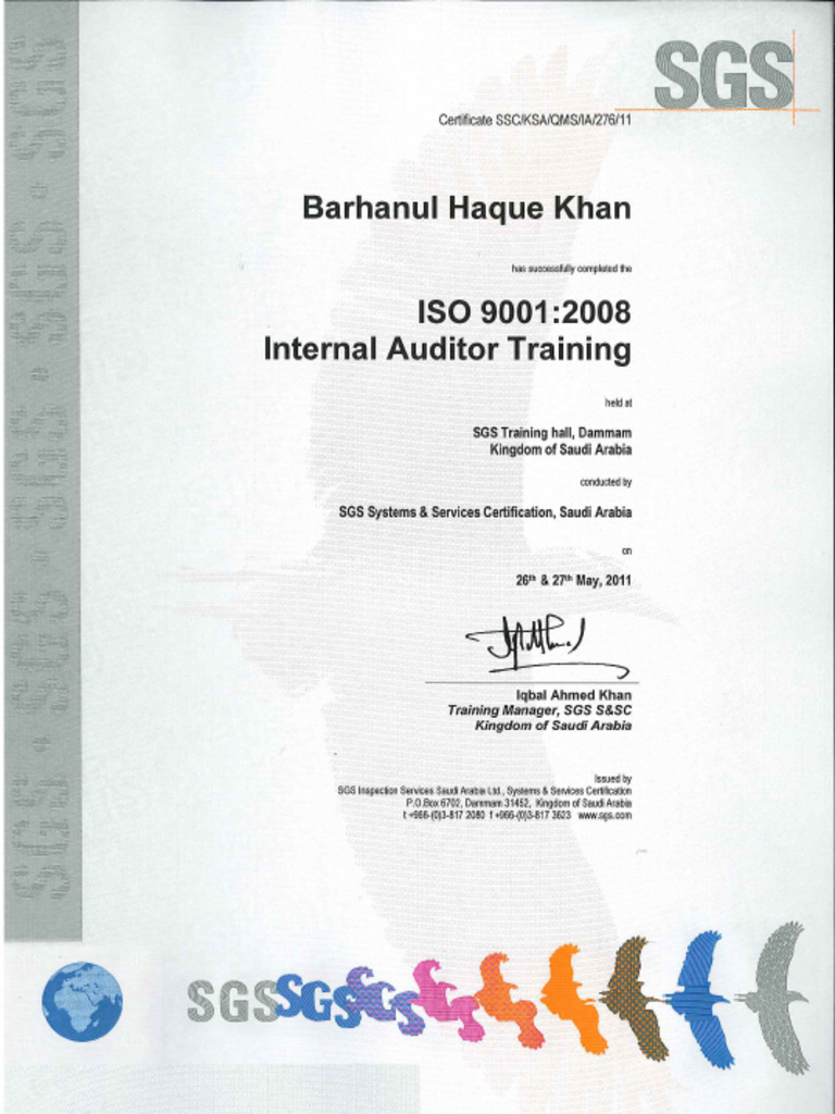 11-Internal Auditor Certificate-SGS SAUDI | PDF