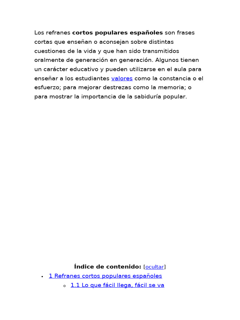 Refranes Cortos Populares Españoles | PDF