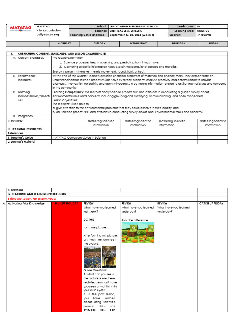 Grade 4 Science Lesson Plan | PDF | Learning | Science