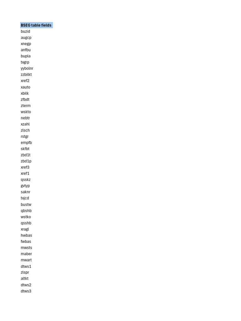BSEG Table Field List | PDF