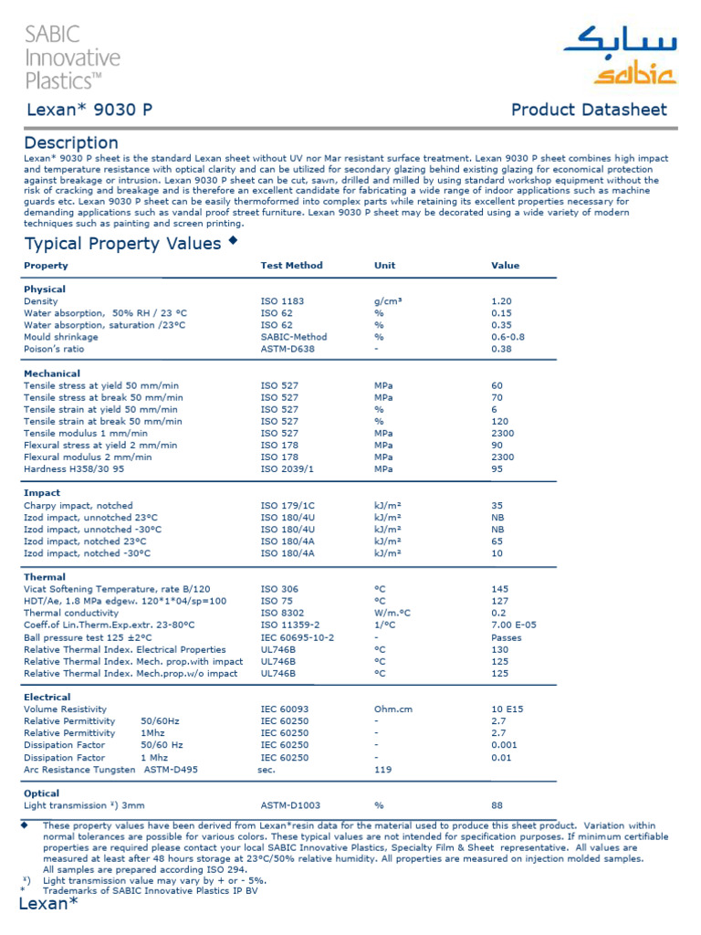 Lexan™ 9030P General Purpose Polycarbonate Sheet | PDF | Yield ...