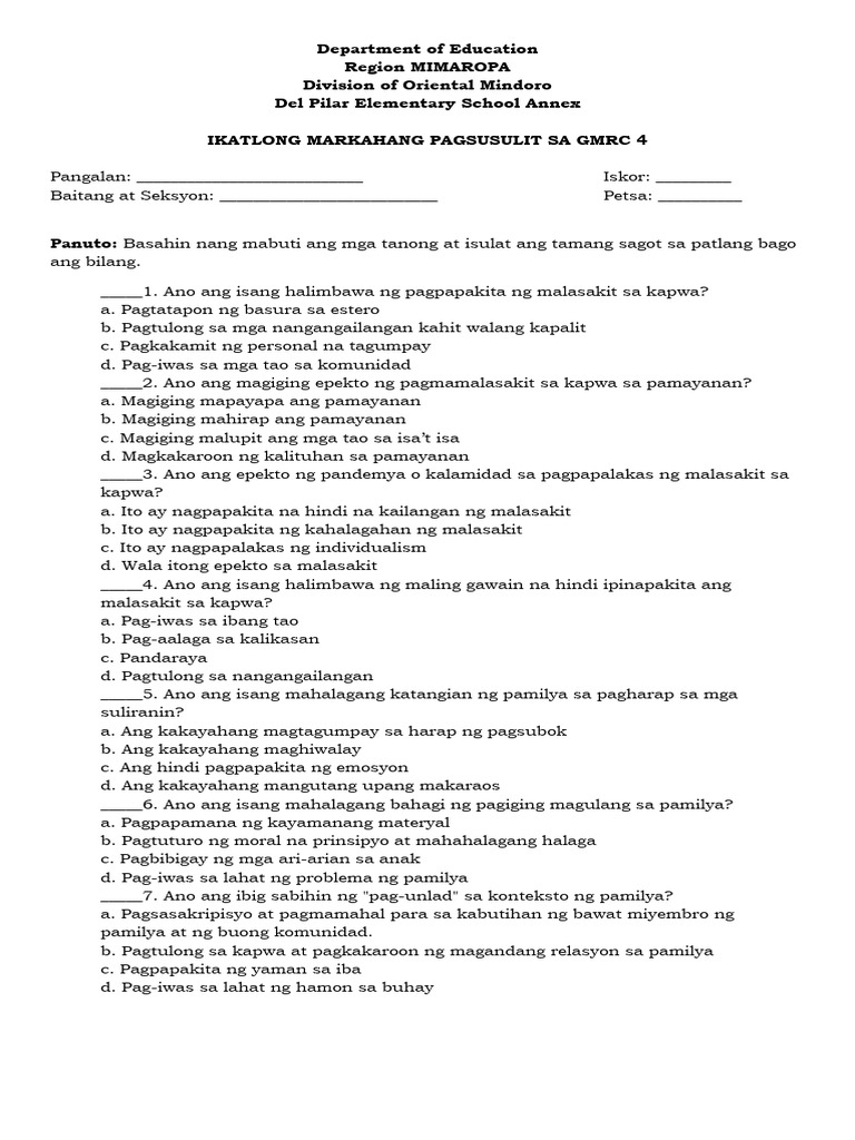 Q3 GMRC 4 Exam | PDF