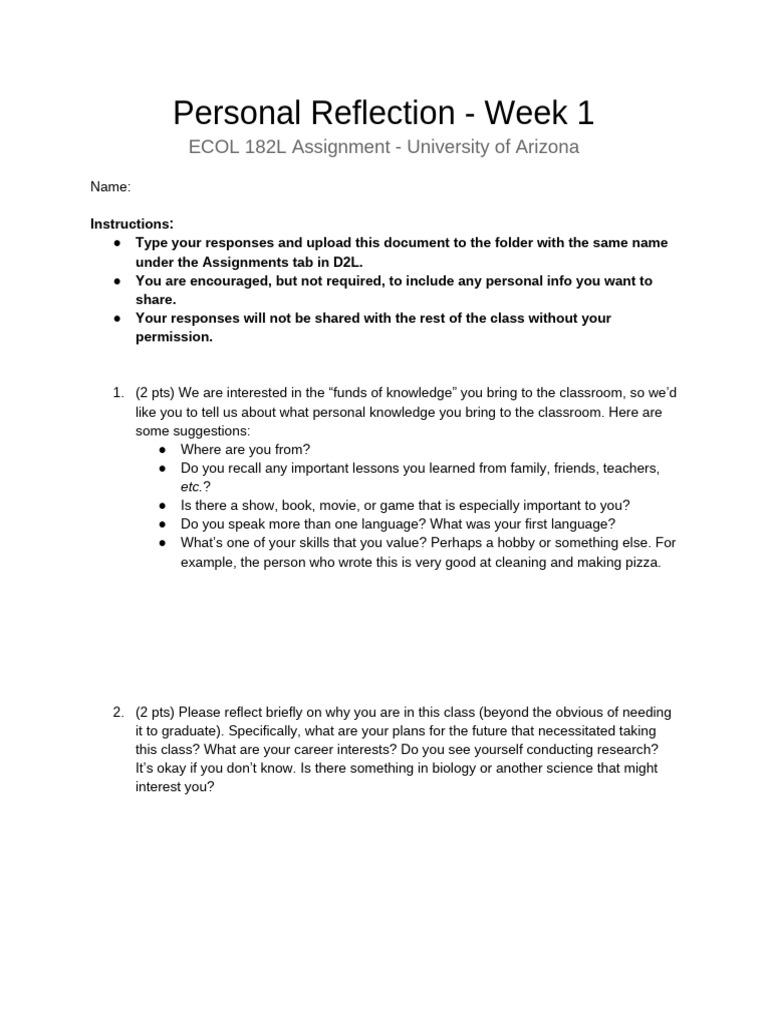 Assignment Personal Reflection - Week 1 | PDF