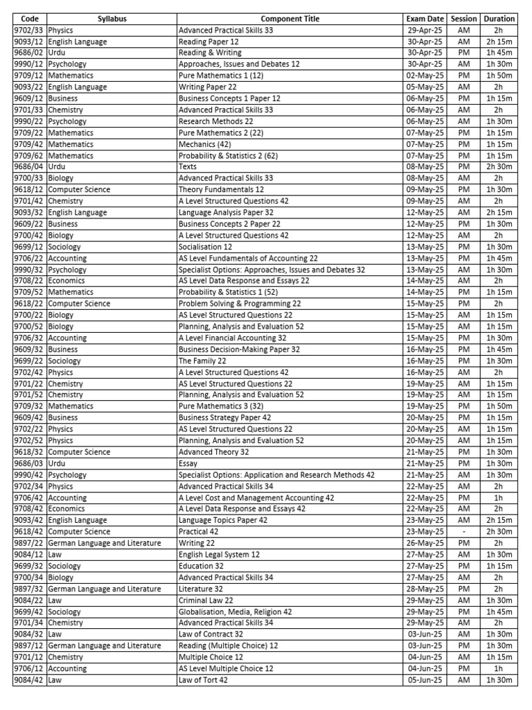 CAIE May/June 2025 Exam Timetable | PDF | Mathematics | Analysis