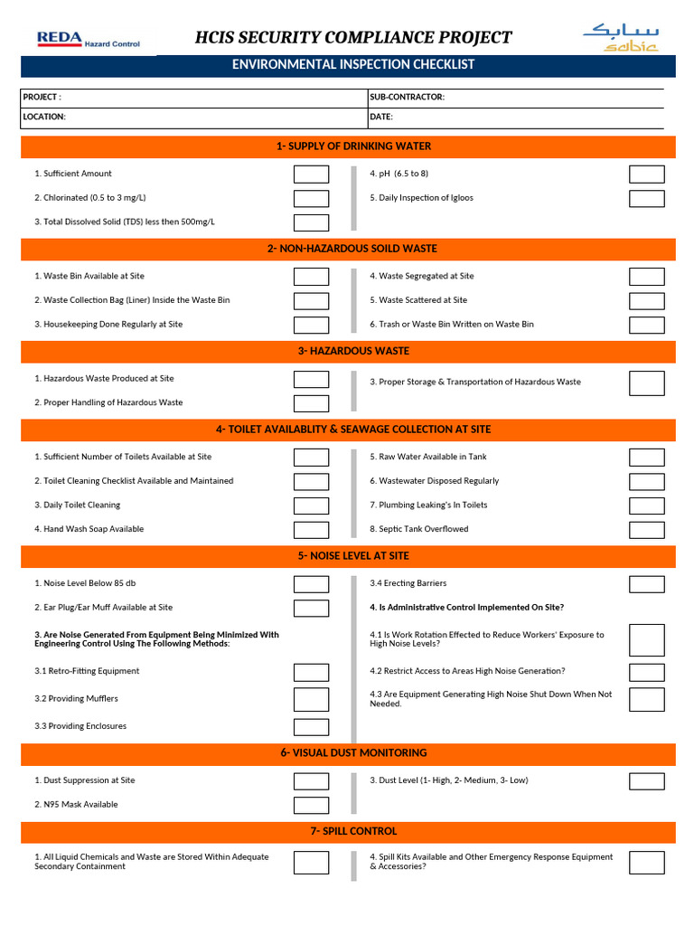 Environmental Inspection Checklist | PDF | Waste | Toilet