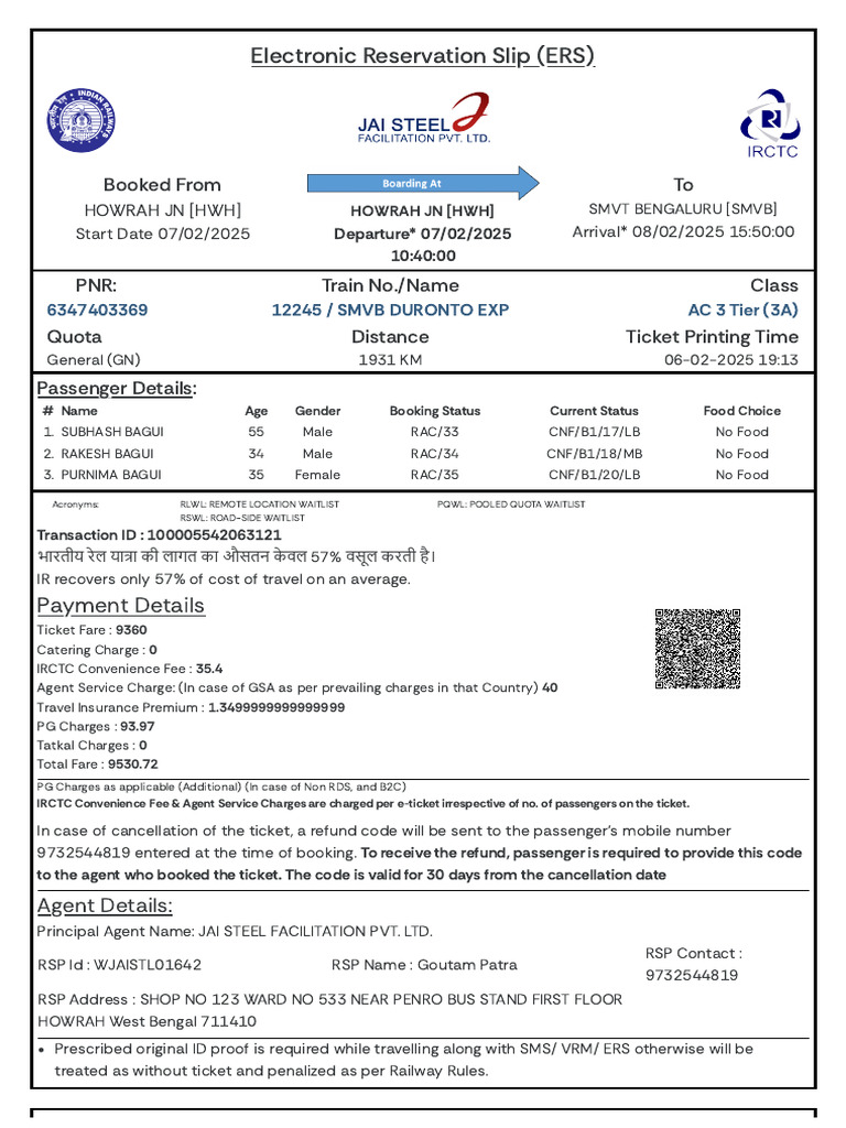 Electronic Reservation Slip (ERS) : Booked From To | PDF | Transport ...