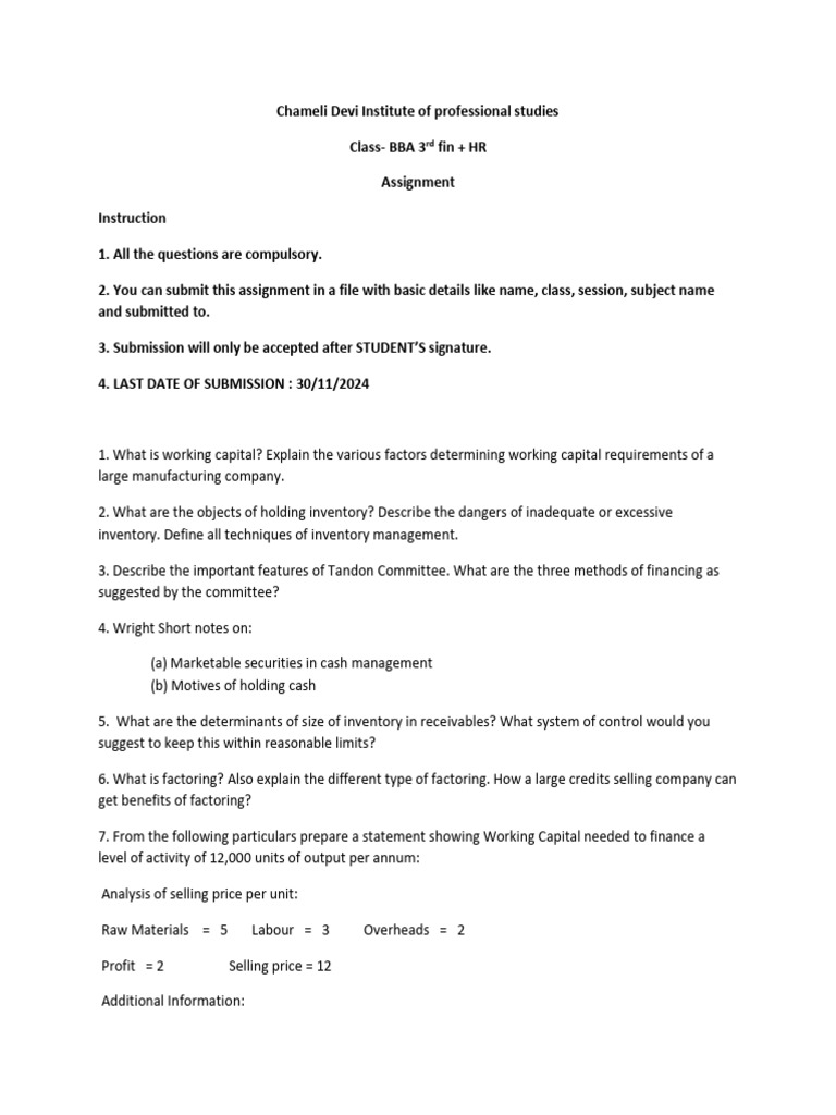 Bba 3rd (HR+ Finance) WCM Assignment | PDF