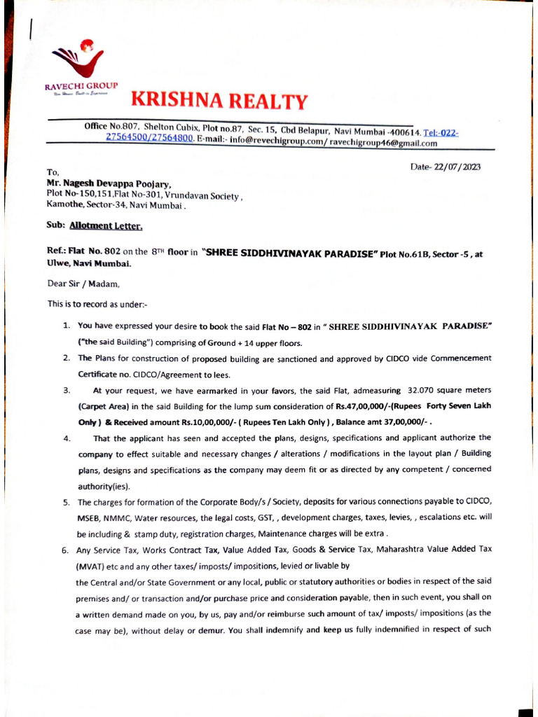 Allotment Letter Flat No - 802 | PDF