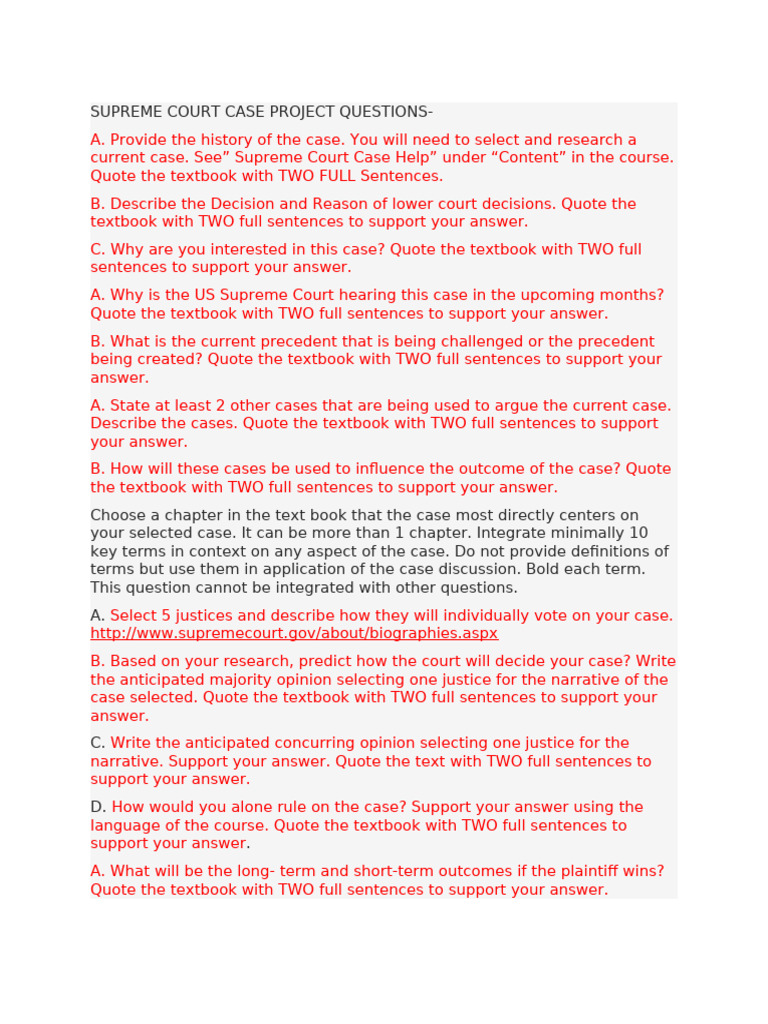 Supreme Court Case Project Questions | PDF | Supreme Court Of The ...