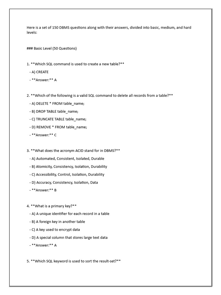 Here Is A Set of 150 DBMS Questions Along With Their Answers | PDF ...