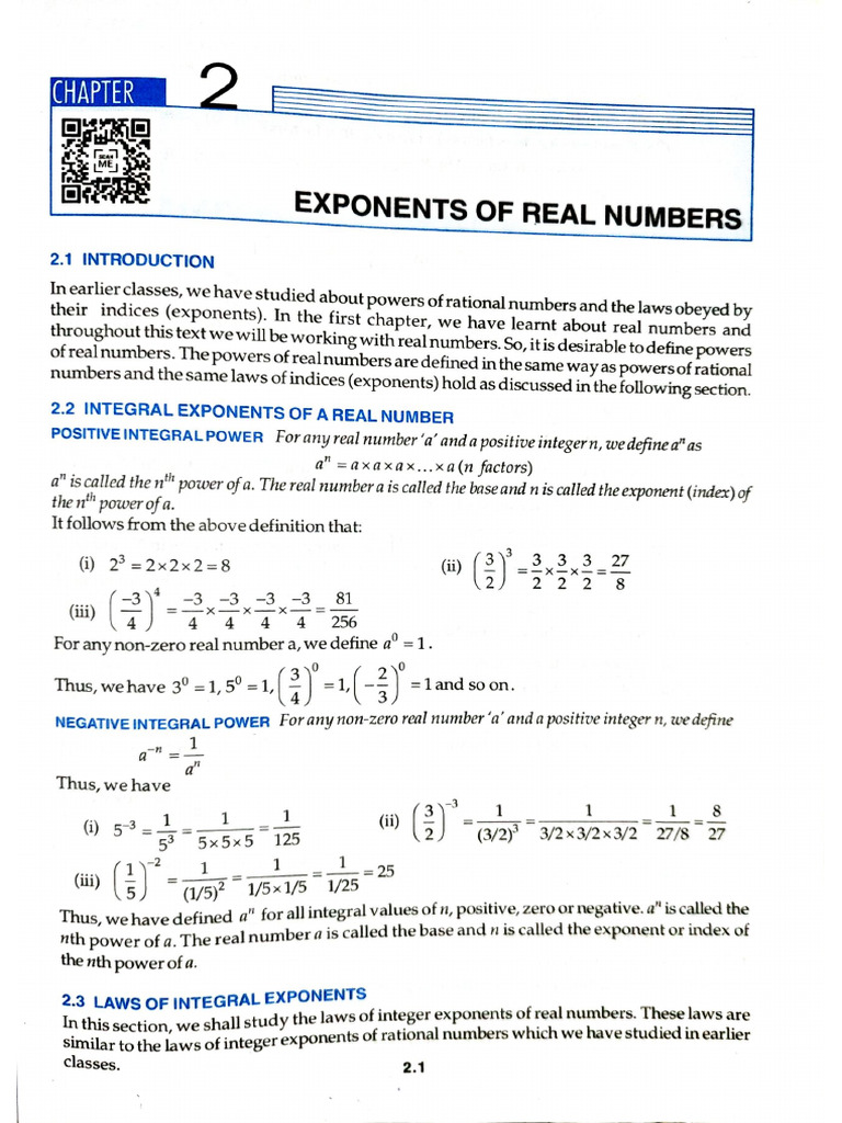 Exponents of Real Numbers ( RD Sharma) | PDF