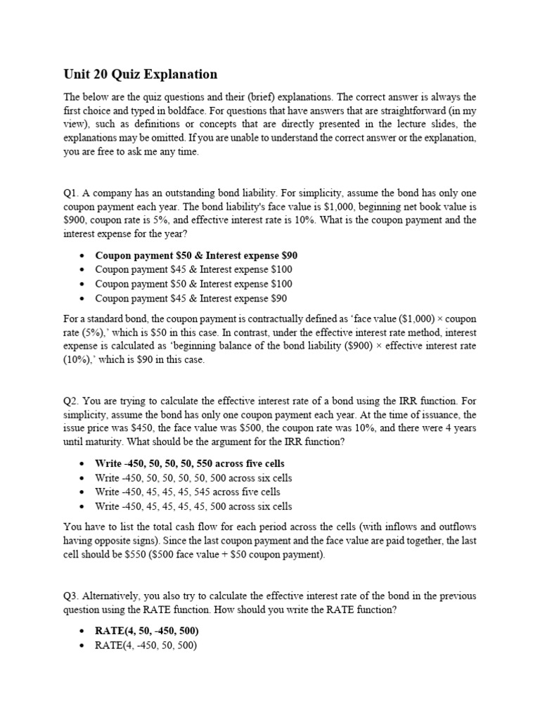Unit 20 Quiz Explanation | PDF | Bonds (Finance) | Interest