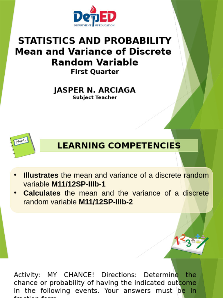 WEEK 2 Mean and Variance of Discrete Random Variable 1 | PDF | Variance | Probability Distribution