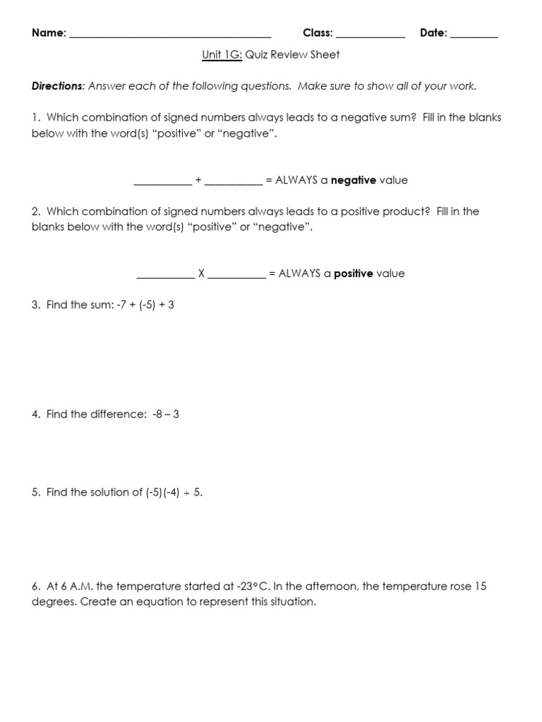 Math Quiz Review: Signed Numbers | PDF | Scuba Diving | Underwater Diving