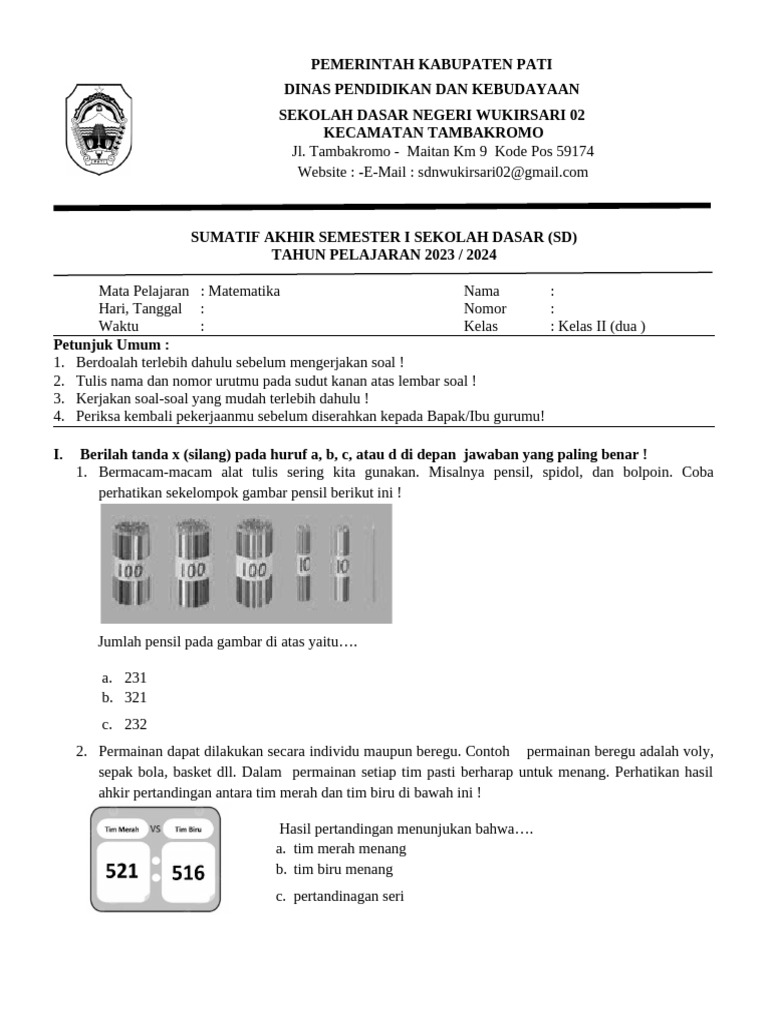 Soal Sas I MTK 2023 | PDF
