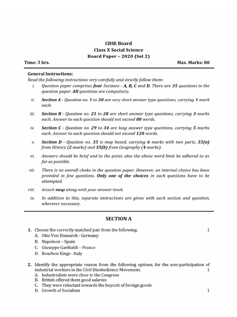 CBSE Class 10 SST Solved Paper 2020 | PDF