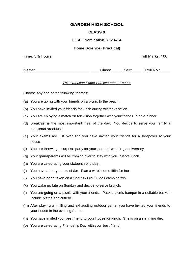 10 Home Science (Practical) ICSE Examination 23-24 | PDF | Lunch | Meal