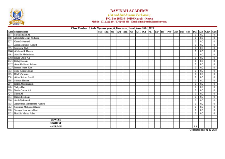 Year 6 Blue-term 1-End Term-2024 2025 Marksheet | PDF