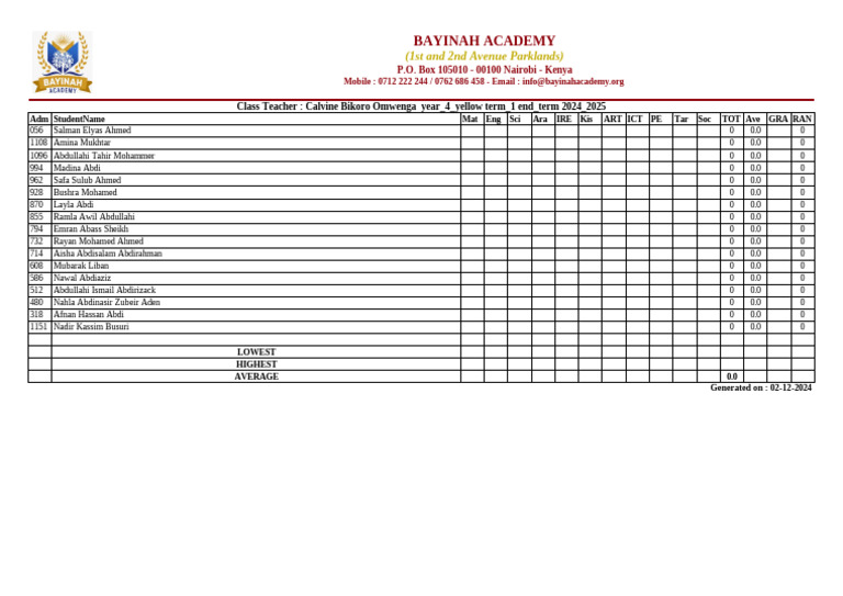 Year 4 Yellow-Term 1-End Term-2024 2025 Marksheet | PDF