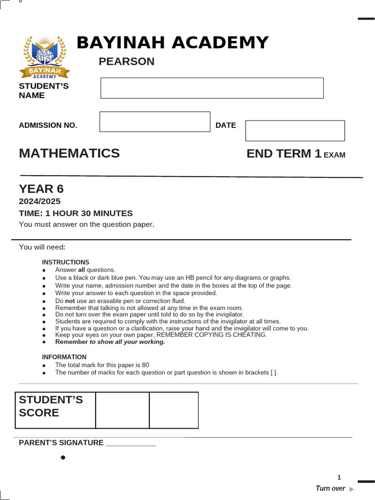 Year 6 Mathematics End Term 1 Exanm | PDF | Mathematics