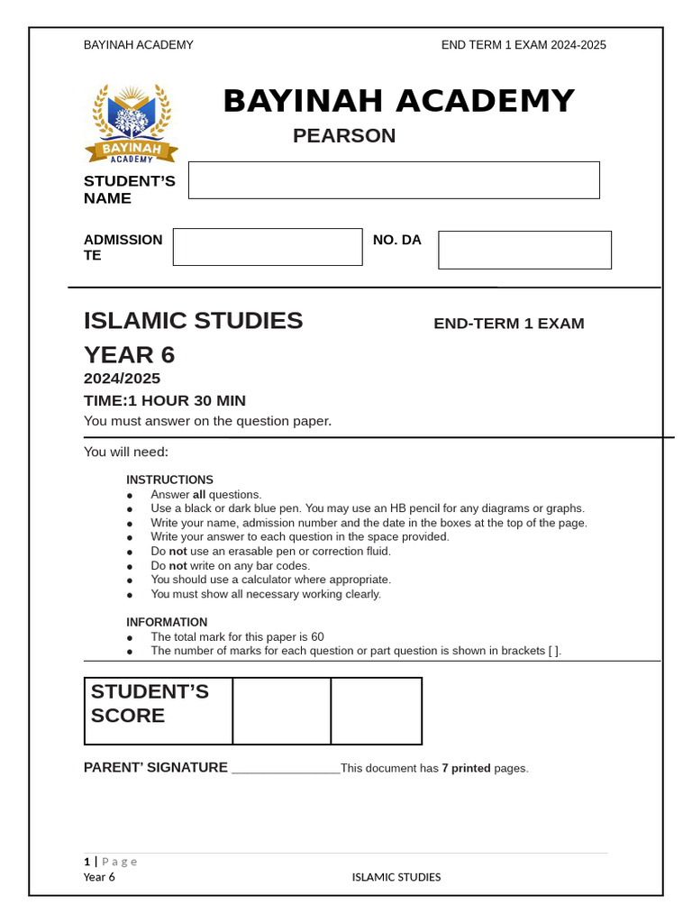 Year 6 End Term 1 Islamic Studies 2024 2025 | PDF | Muhammad | Hadith