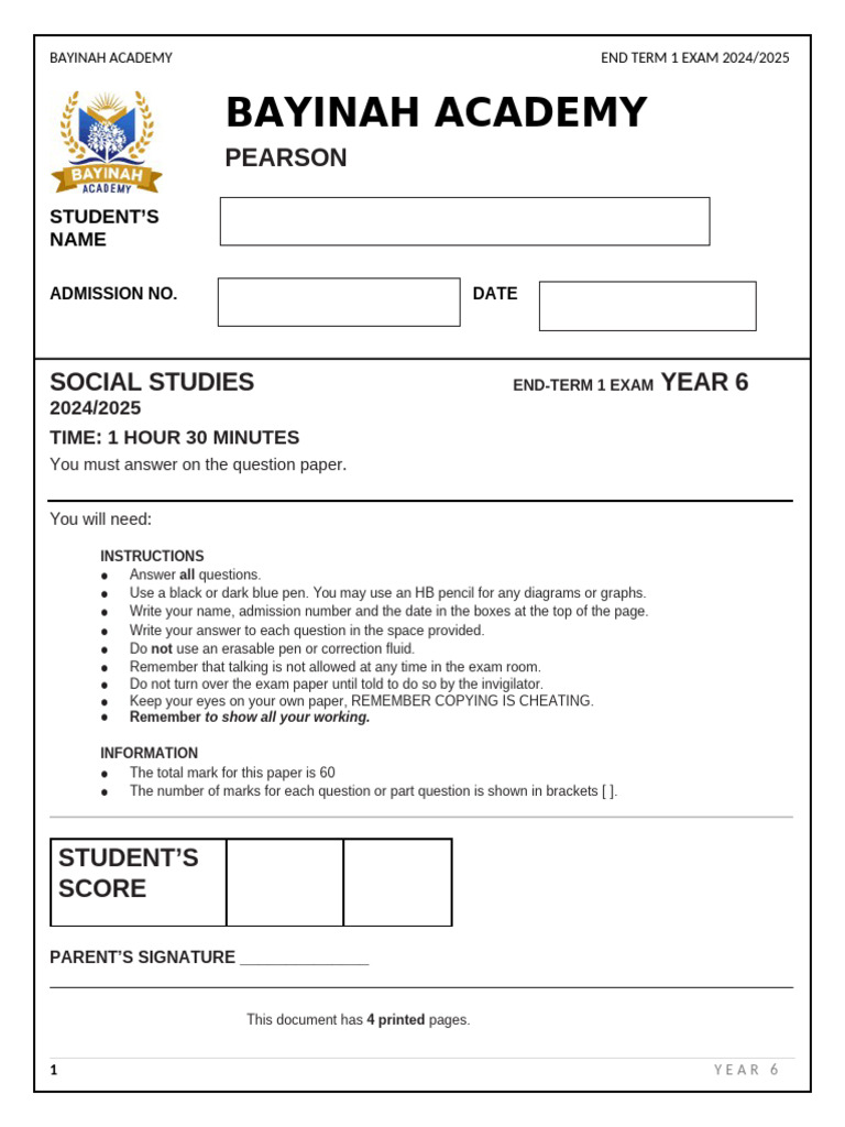 Year 6 Social Studies Exam 2024/2025 | PDF | Social Psychology