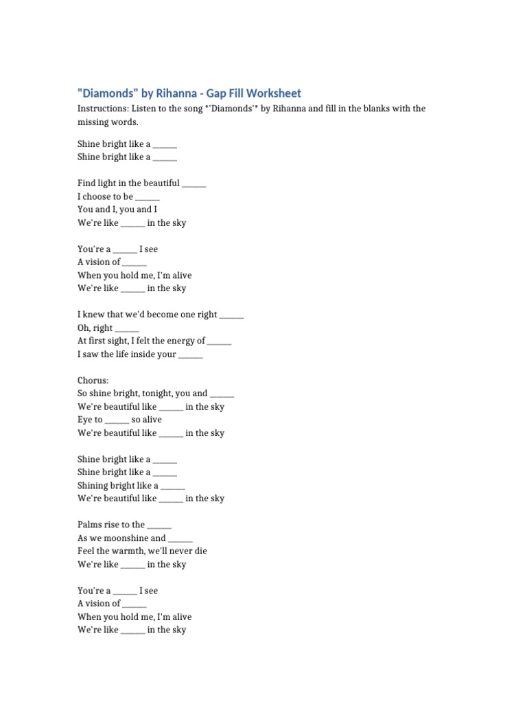 Diamonds Lyrics Gap Fill | PDF