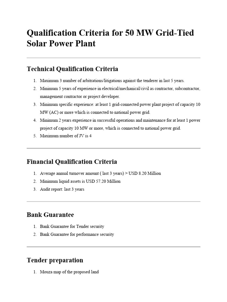50 MW Solar Power Plant Qualification Criteria | PDF