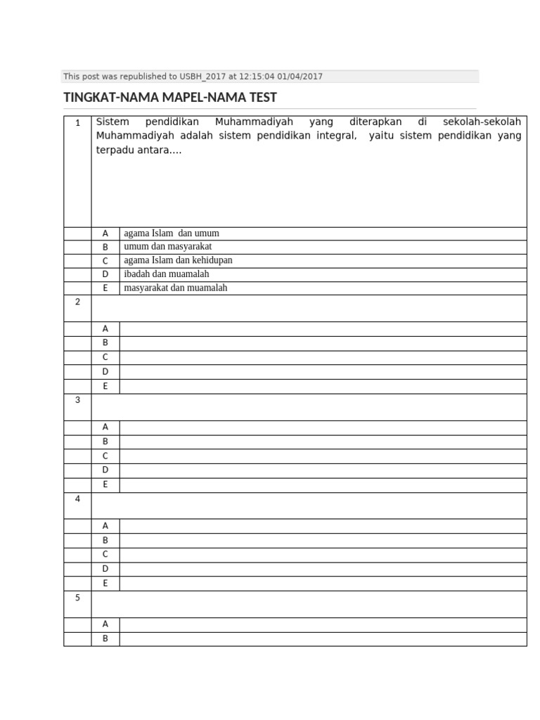 1.format Soal-Tingkat - Nama Mapel - Nama Guru | PDF