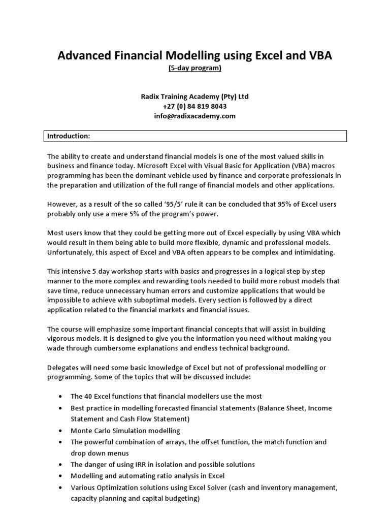 Advanced Financial Modelling Using Excel And Vba Pdf Visual Basic
