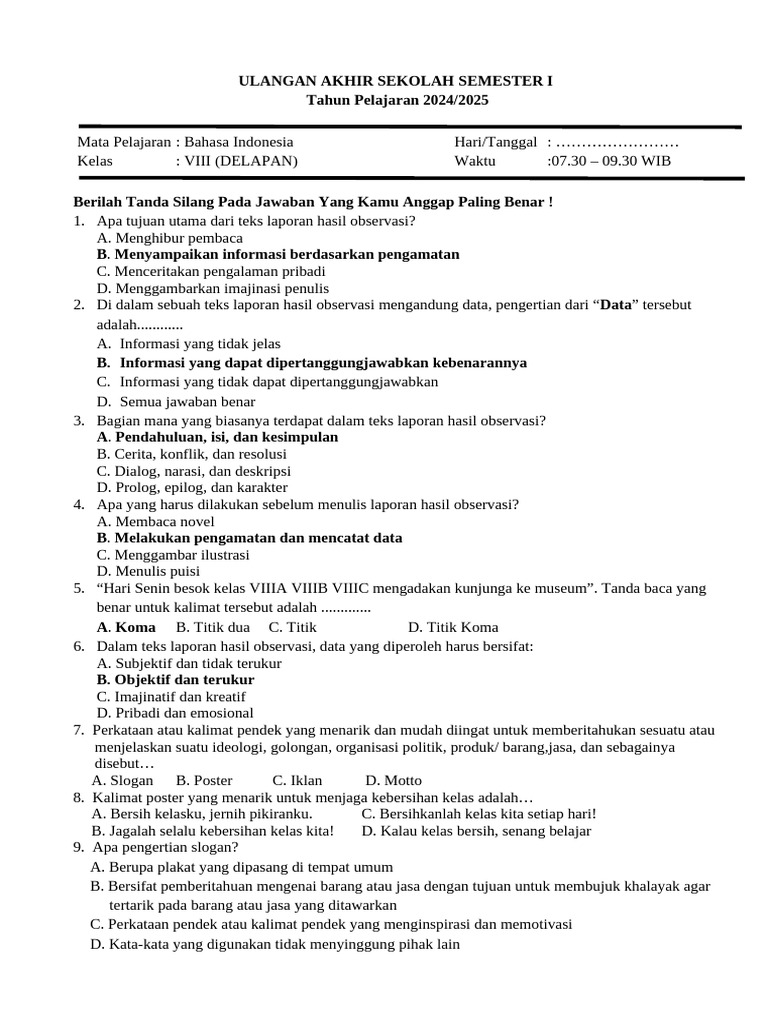 Soal Uas Sem. Ganjil Bahasa Indonesia | PDF