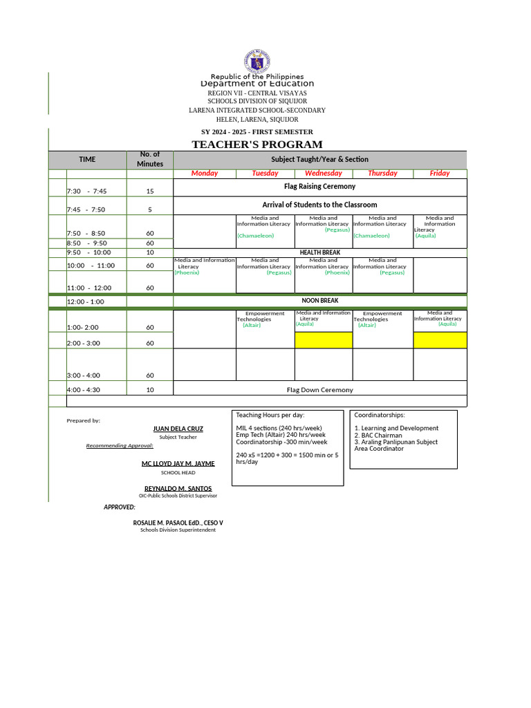 Sample Teachers Program First Sem 2024 2025 | PDF | Literacy | Reading (Process)